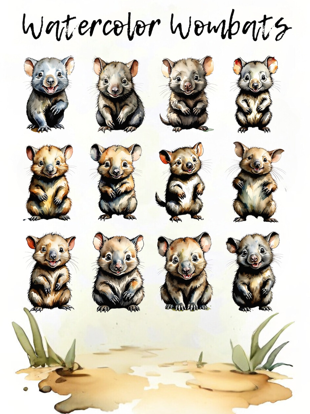 12 Watercolor Wombat Clipart - Etsy