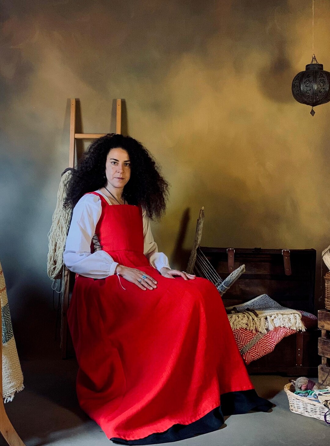 Complete RENAISSANCE COSTUME, Cherry Red Kirtle, White Chemise & Black ...