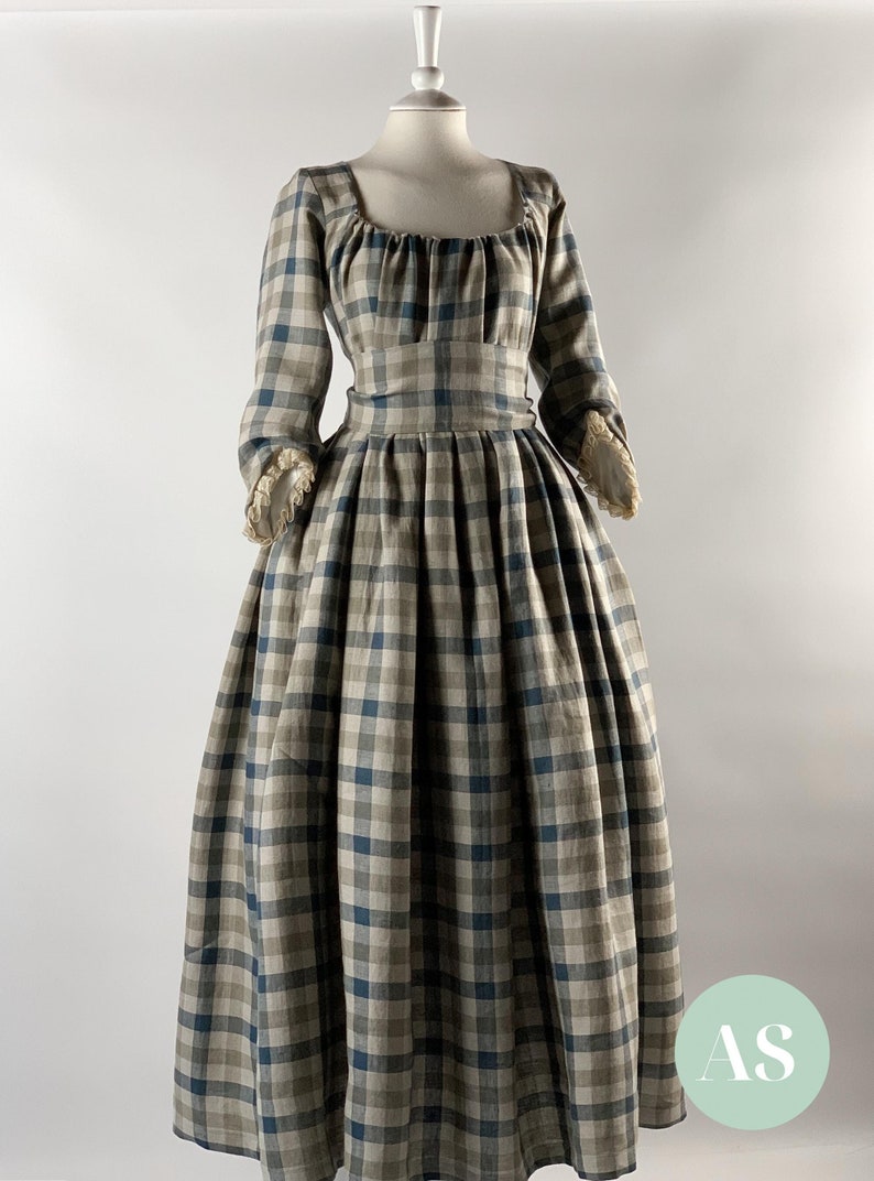 BEIGE CHECKS DRESS Linen Midi Dress Elbow Sleeve - Etsy