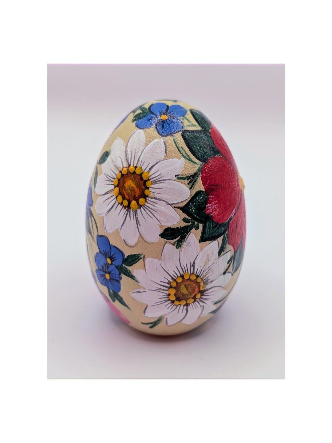 Hand-painted Floral Wooden Egg - Folk Art Sunflower & Wildflower Design ...