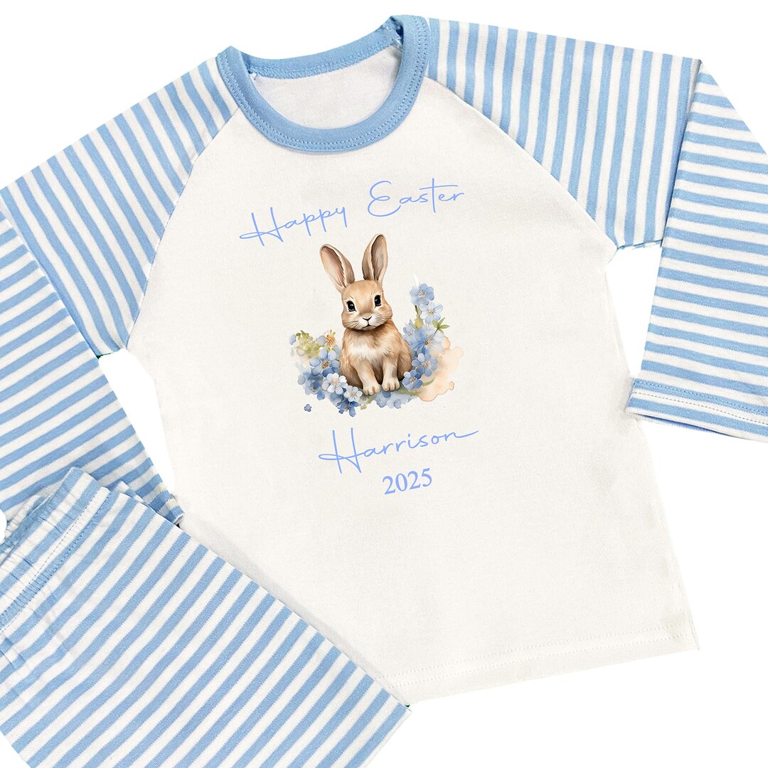Personalised Boys Easter Pyjamas Blue Stripe Bunny Rabbit Pjs Easter ...