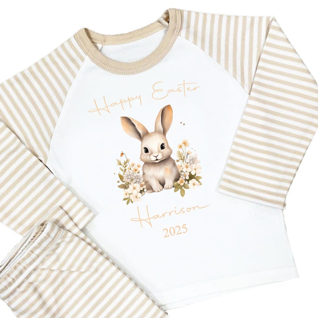 Personalised Boys Girls Easter Pyjamas Beige Stripe Bunny Rabbit Pjs ...