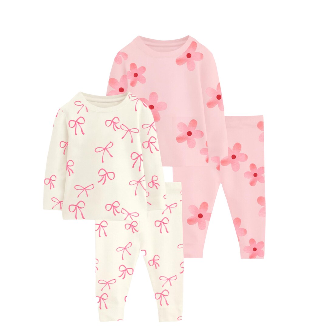 Baby Girls 2 Pack Pyjamas | Pink Bow & Flower Print Cotton Sleepwear ...