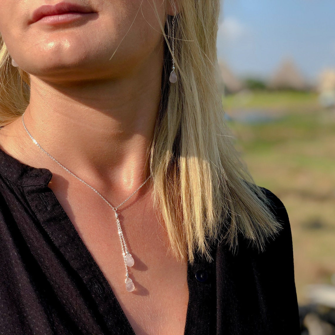 Y-chain "drop" With Double Rose Quartz Pendant - Silver 925 - Etsy