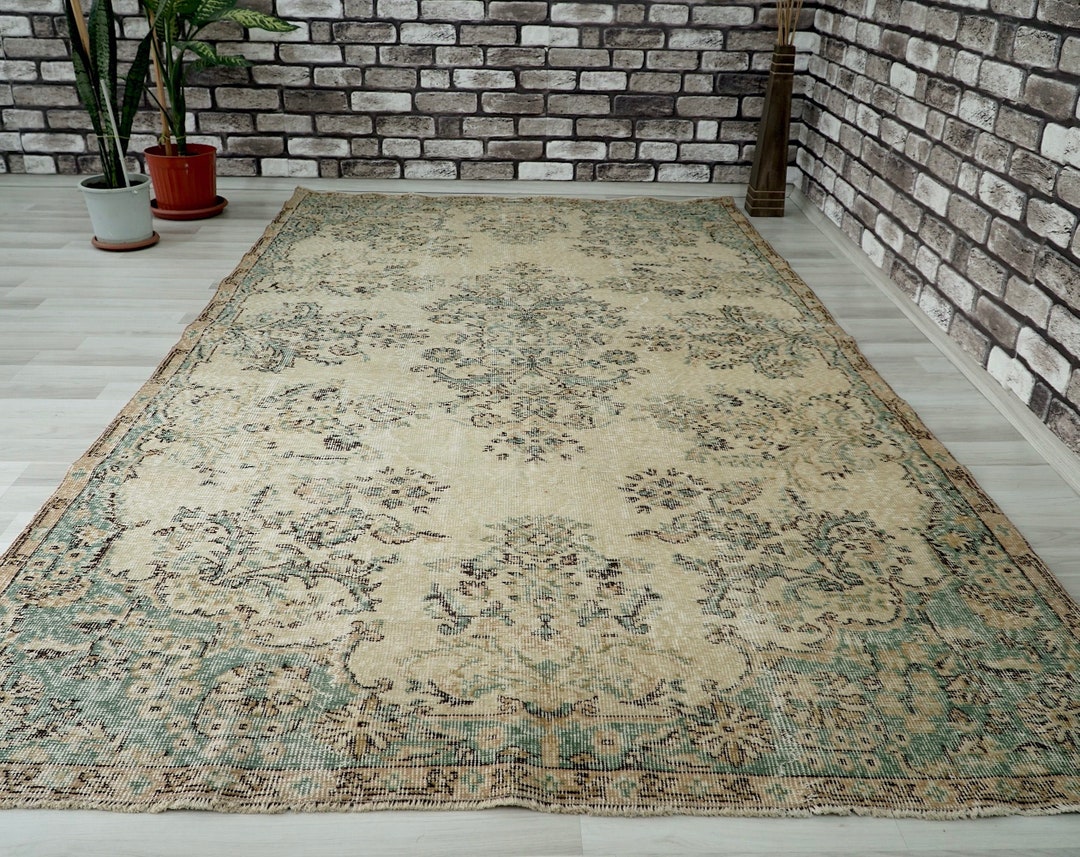 Oriental Wool Rug, Yellow Green Rug, Vintage Turkish Rug, Distressed ...
