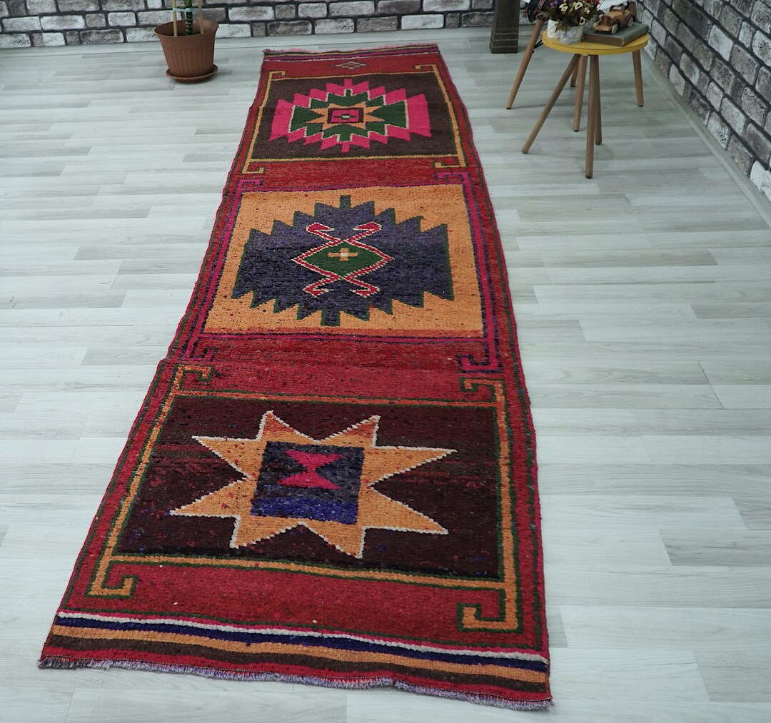 Red Herki Runner, 3x12 Geometric Runner, Orange Green Pink Runner, Boho ...