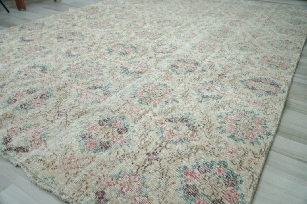 Neutral Large Rug, Pink Green Floral Rug, Vintage Turkish Rug, Natural ...