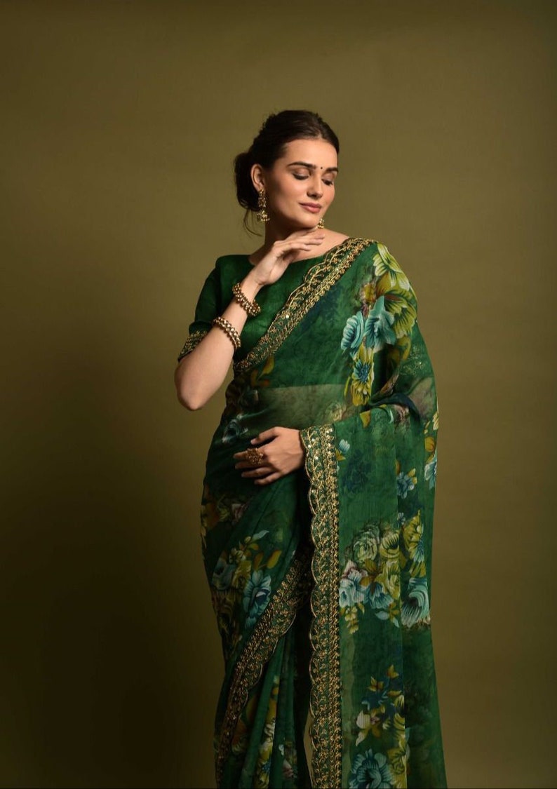 Green Color Designer Saree Printed Saree With Lace Border - Etsy