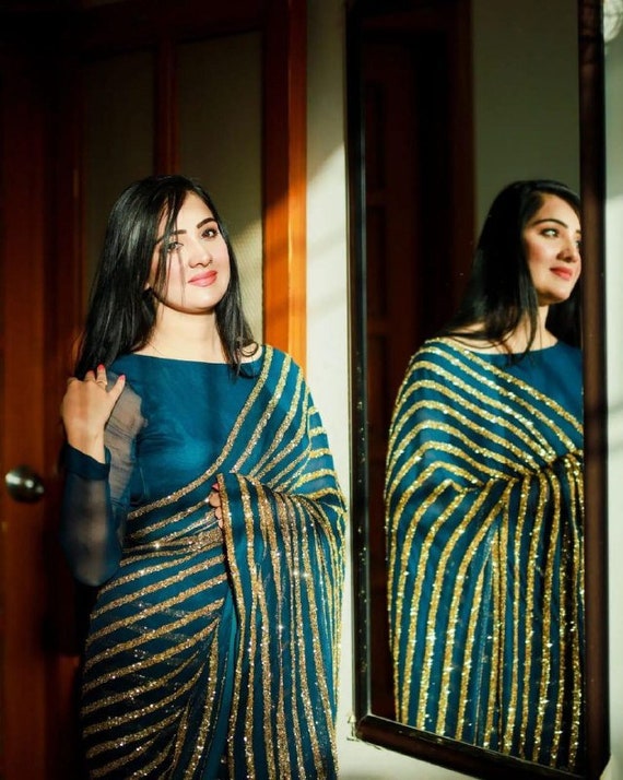 Bluish Green Color Saree