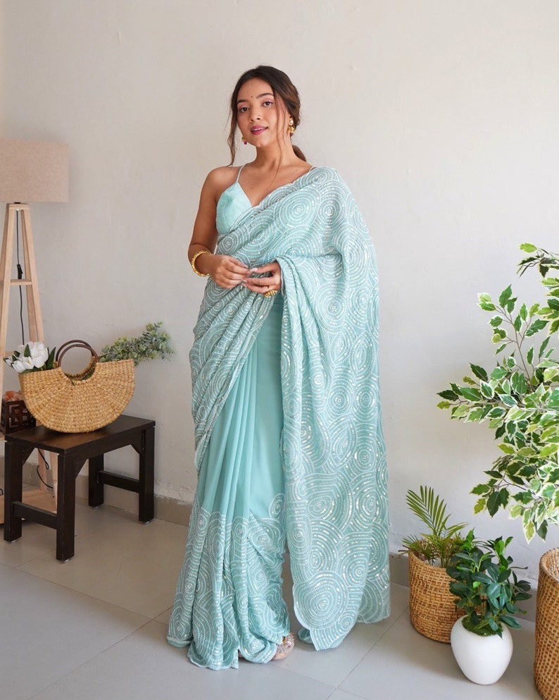 Embroidery Work Sky Color Saree Designer Saree Party Wear - Etsy
