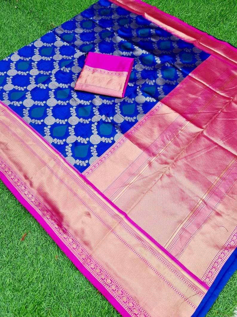 Blue Colour Soft Lichi Silk Golden and Silver Jari With Heavy - Etsy