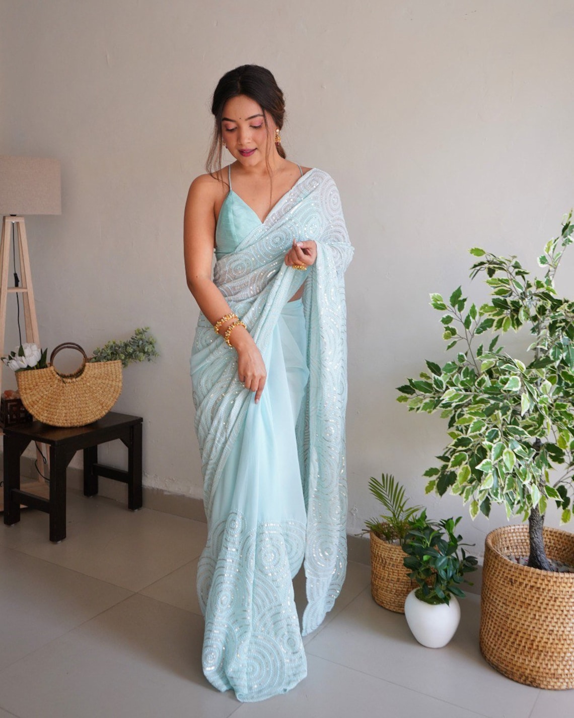 Embroidery Work Sky Color Saree Designer Saree Party Wear - Etsy