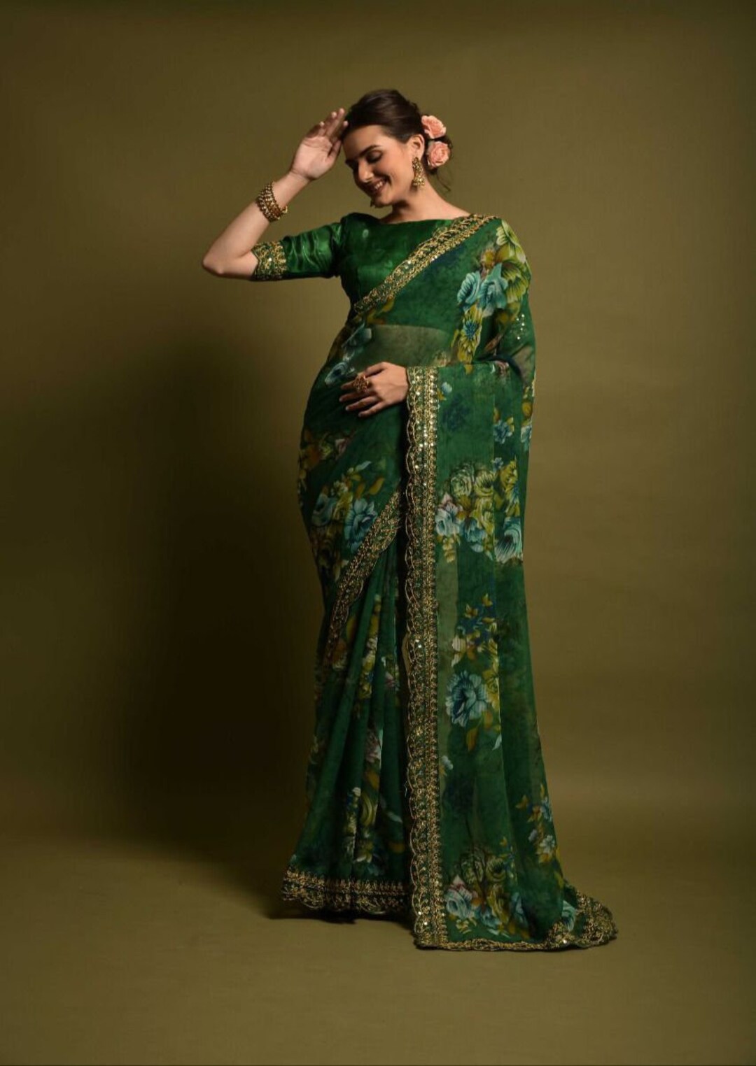 Green Color Designer Saree Printed Saree With Lace Border - Etsy
