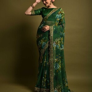 Green Color Designer Saree Printed Saree With Lace Border - Etsy