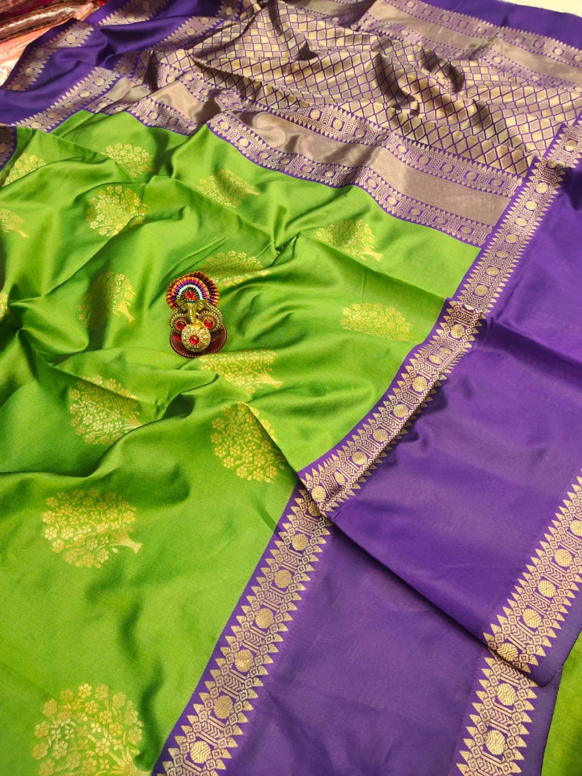 Green Colour Soft Lichi Silk Golden Jari All Over the Body - Etsy