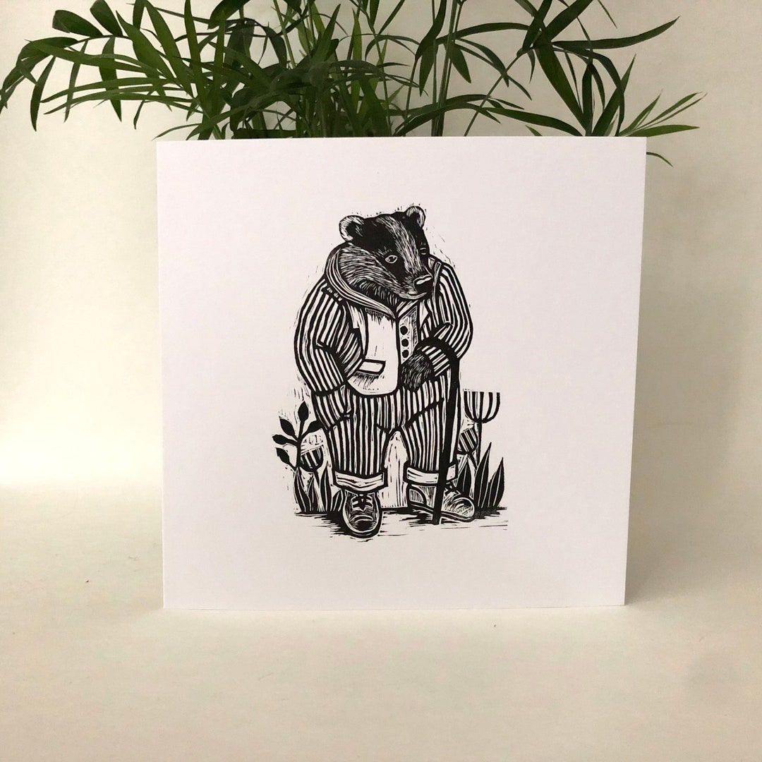 Dapper Badger Hand Printed Lino Print Greetings Card, Black on White - Etsy