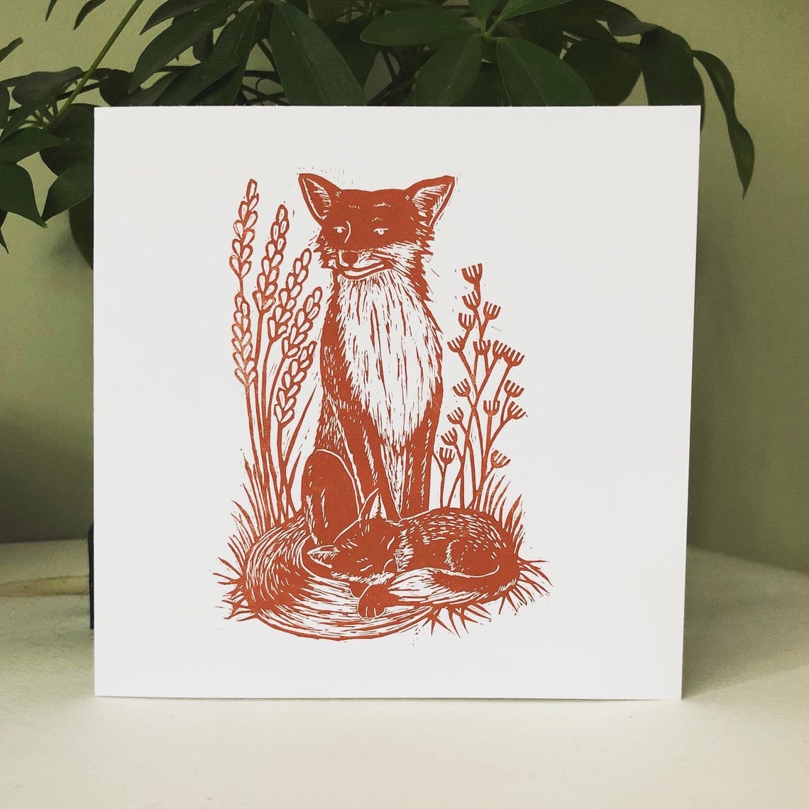 Fox Original Linocut Greetings Card. Brown on White | Etsy