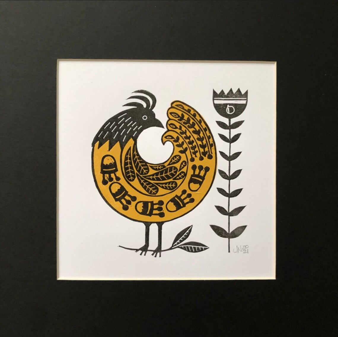 Folk Art Chicken Original Mounted Linocut Print. Mustard & - Etsy