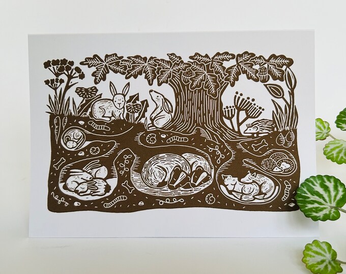 The Burrowers - Hand Made Original Linocut Design Greetings Card. Brown ...