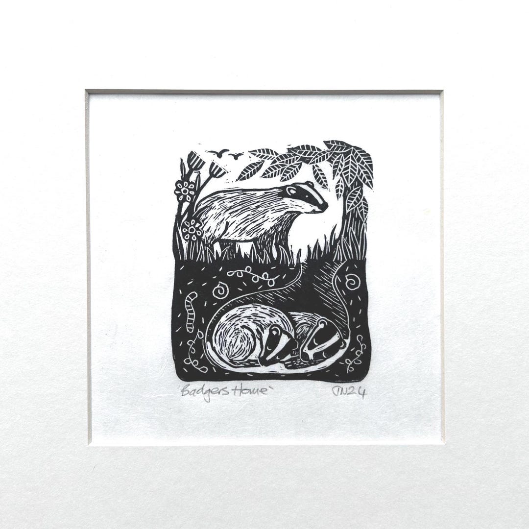 Badgers Home - Mounted, Hand Printed Original Linocut Print. Black on ...