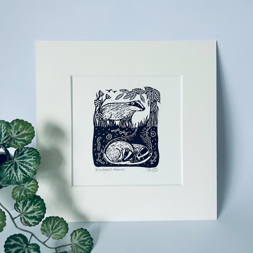 Badgers Home - Mounted, Hand Printed Original Linocut Print. Black on ...