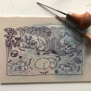 The Burrowers - Hand Made Original Linocut Design Greetings Card. Brown ...