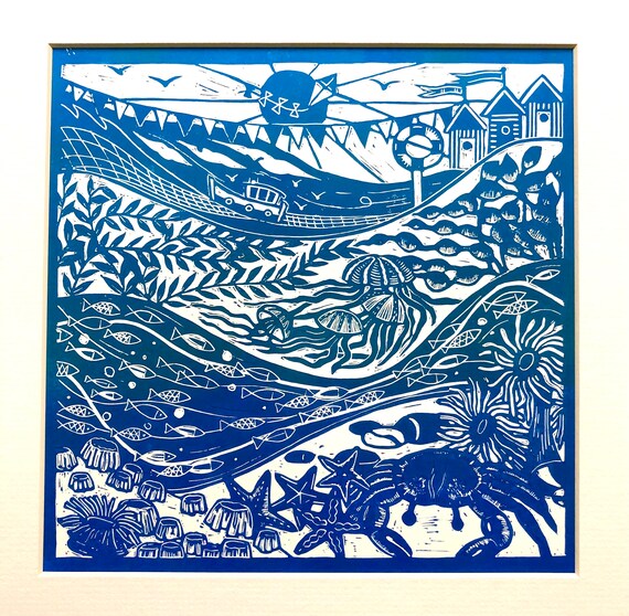 Under the Sea Original Linocut Print. Blue Ombré on White | Etsy