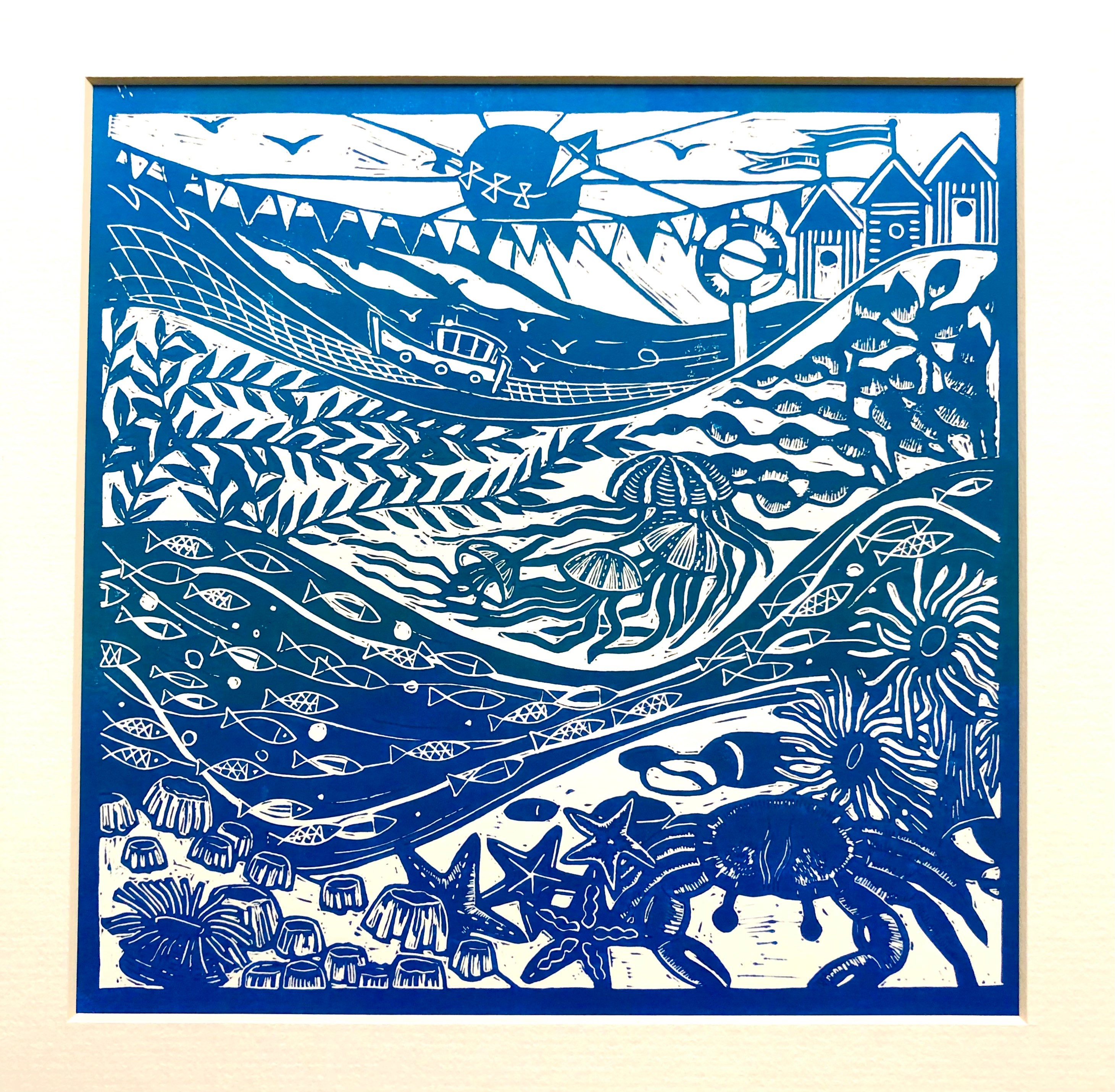 Under the Sea Original Linocut Print. Blue Ombré on White | Etsy