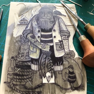 Fisherman- Original Linocut Design Greetings Card - Etsy