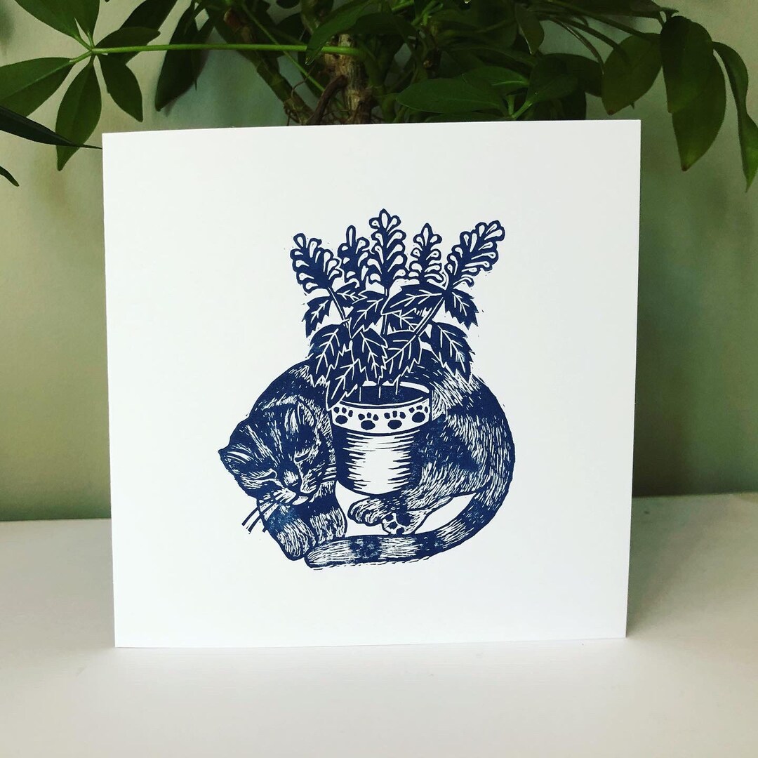 Cat Nip / Cat Nap Original Linocut Greetings Card. Blue on - Etsy UK