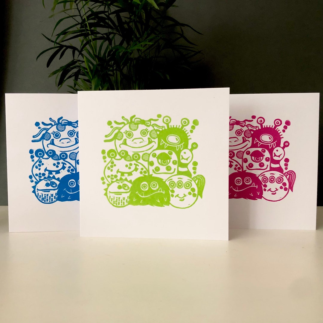 Little Monsters - Hand Printed Original Linocut Greetings Card - Etsy