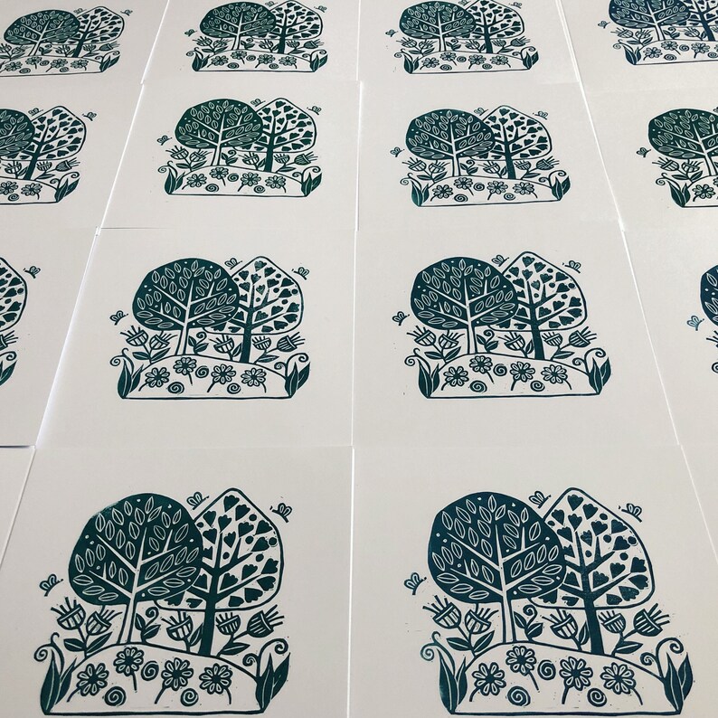 Forest Fun Original Linocut Greetings Card. Teal on White - Etsy