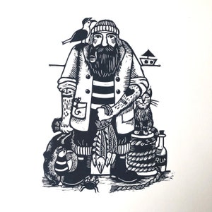 Fisherman- Original Linocut Design Greetings Card - Etsy