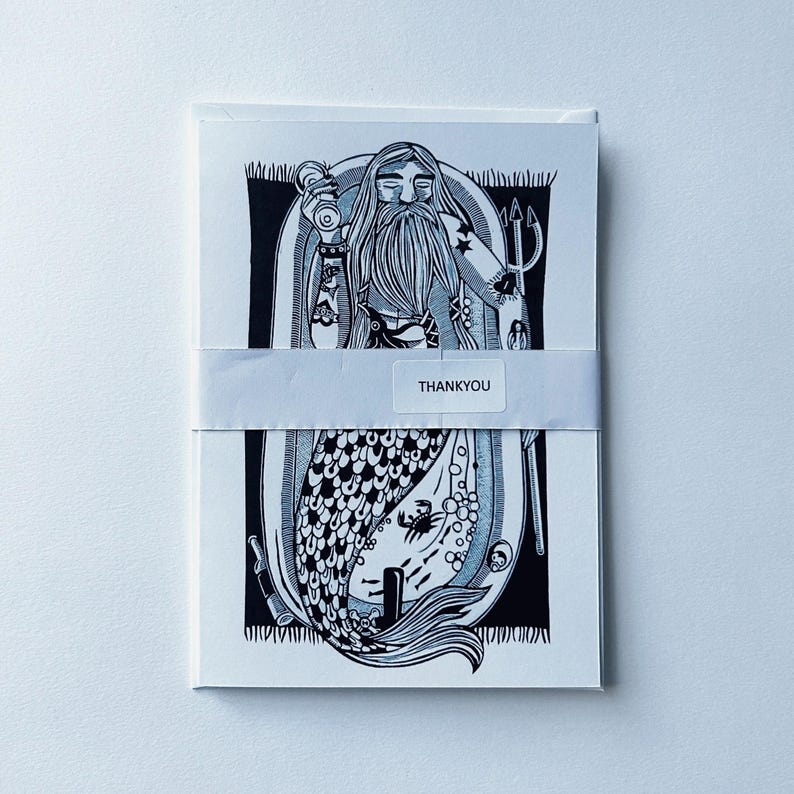 Merman - Original Linocut Design Greetings Card - Etsy