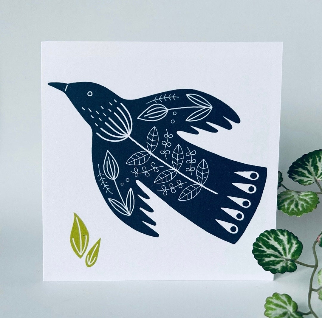 Folk Bird - Original Linocut Design Greetings Card - Etsy