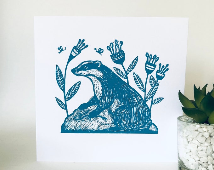 Badger- Hand Printed Original Linocut Greetings Card - Etsy