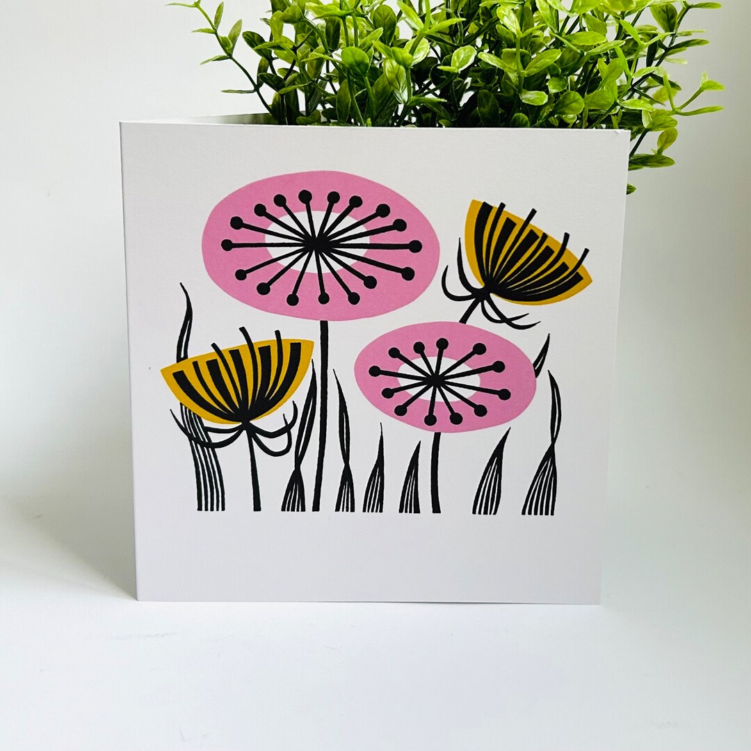 Atomic Retro Flowers- Original Linocut Design Greetings Card - Etsy