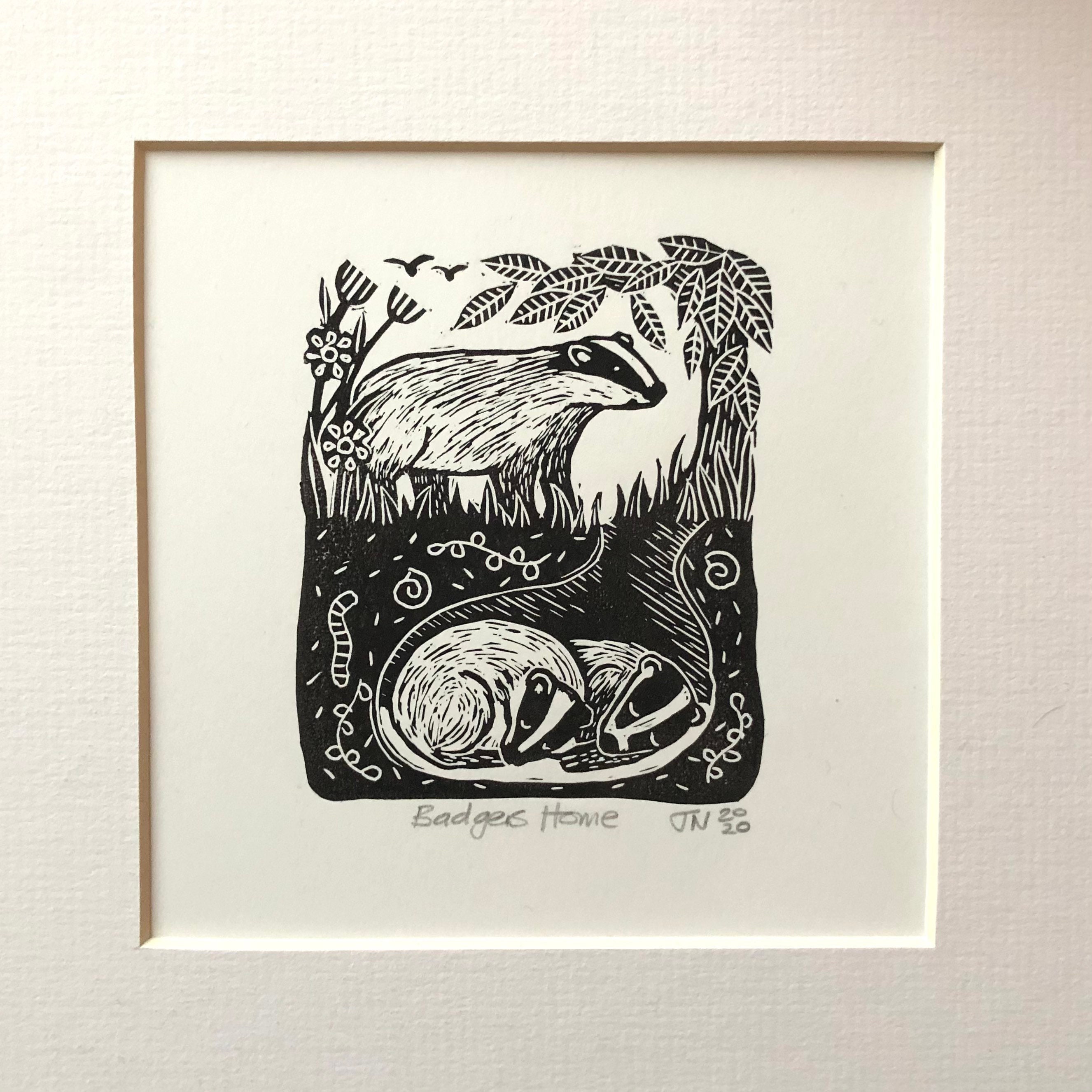Badgers Home - Mounted, Hand Printed Original Linocut Print. Black on ...