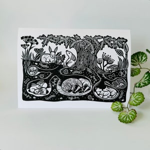 The Burrowers - Original Linocut Design Greetings Card. Black on White ...