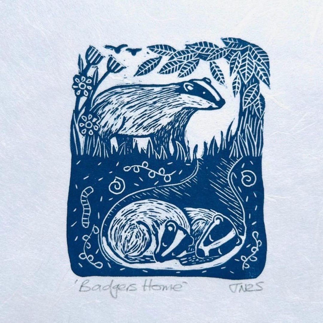 Badgers Home - Mounted, Hand Printed Original Linocut Print. Blue on ...