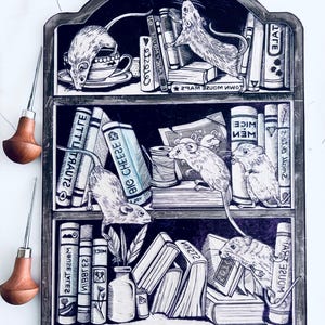 The Bookcase Mice - Hand Printed Original Signed Linocut Print. - Etsy