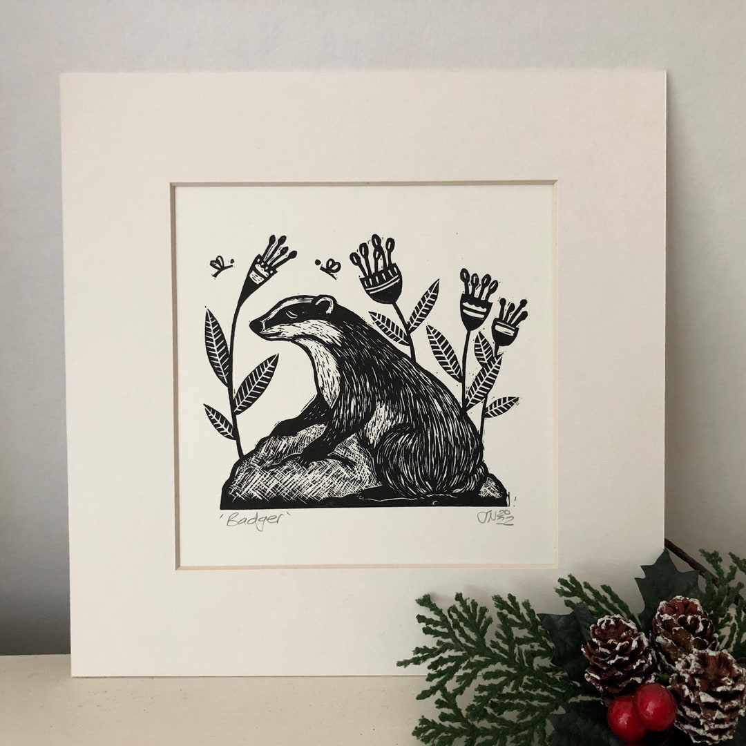 Badger Mounted Hand Printed Original Linocut Print - Etsy