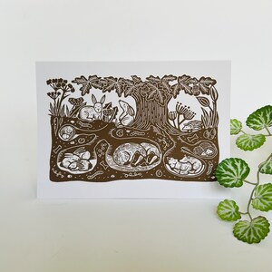 The Burrowers - Hand Made Original Linocut Design Greetings Card. Brown ...