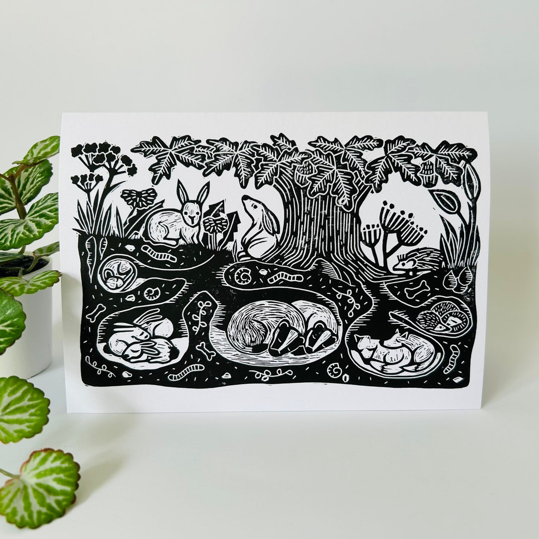 The Burrowers - Original Linocut Design Greetings Card. Black on White ...