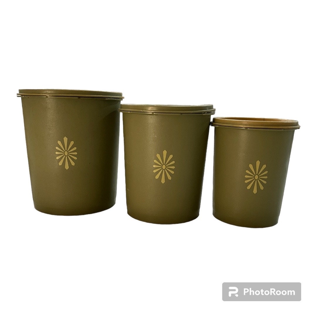 Vintage TUPPERWARE Set of 3 Avocado Green Sunburst Servalier Canisters ...