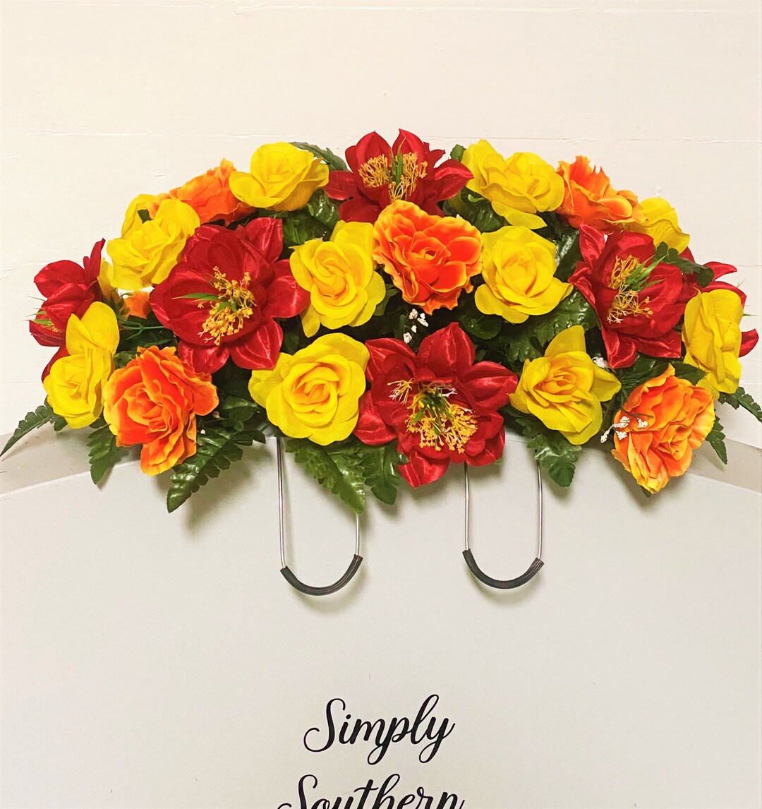 Fall Cemetery Flowers Saddle Headstone Yellow Red Orange Grave ...