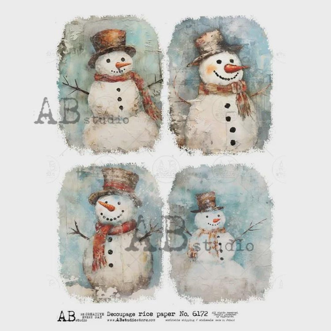 RUSTIC SNOWMAN Quad | A4 Rice Paper | Decoupage Paper | AB Studios | 8. ...