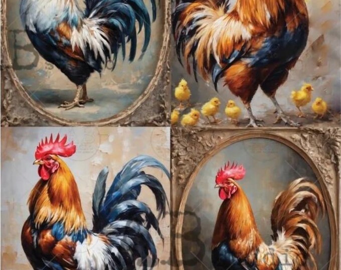 VINTAGE ROOSTER Collage | A4 Rice Paper | Decoupage Paper | AB Papers ...