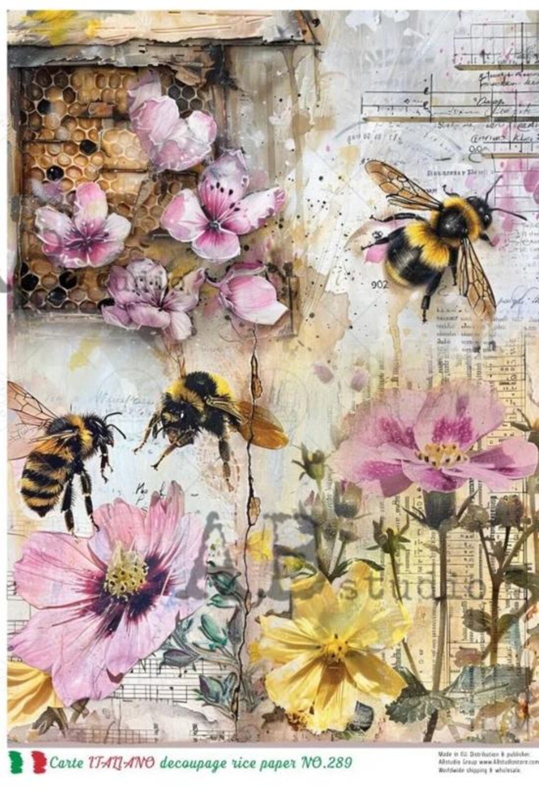 BEE AND FLOWER Collage | A4 Rice Paper | Decoupage Paper | Carte ...