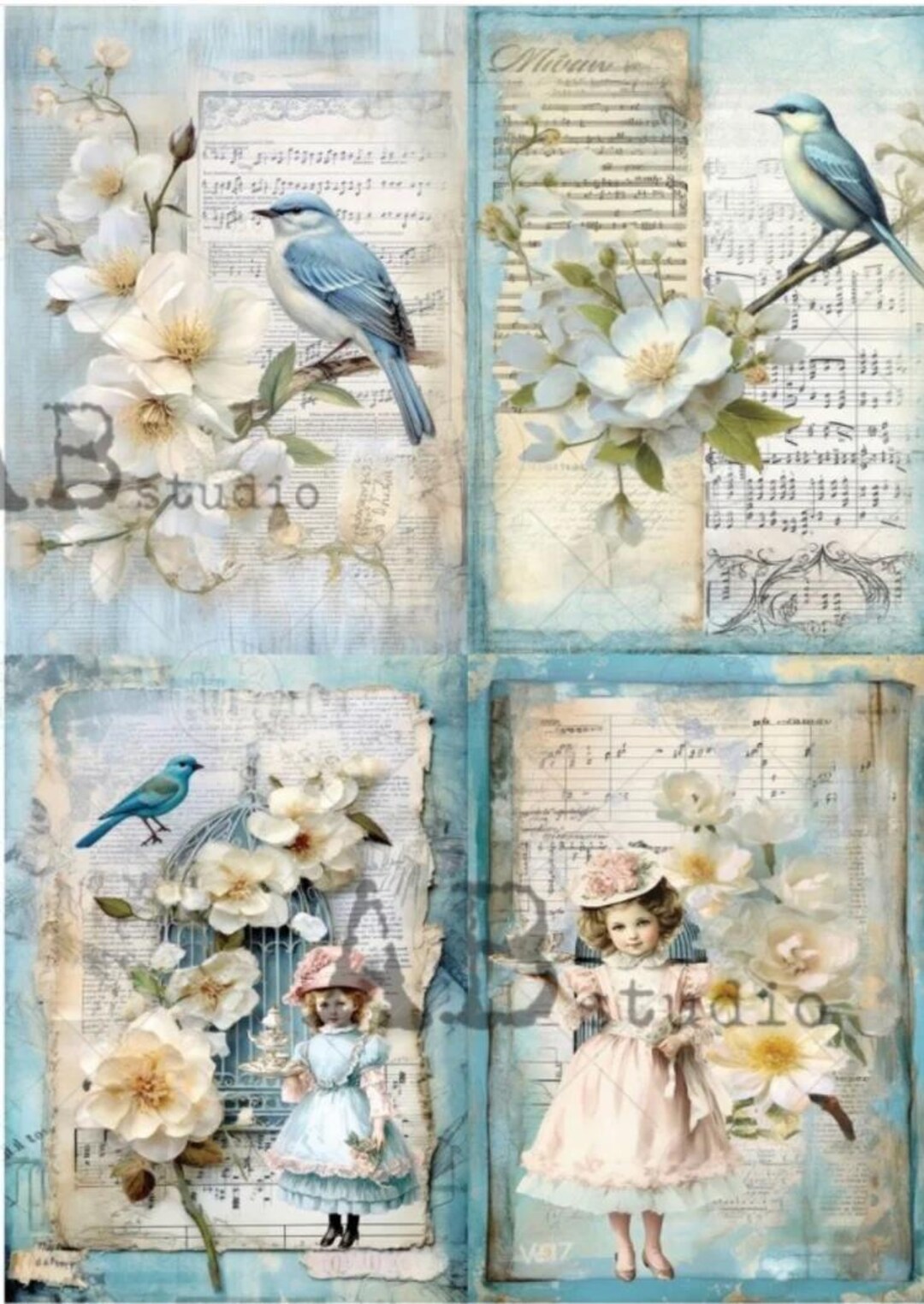 BLUEBIRD QUAD Collage | A4 Rice Paper | Decoupage Paper | AB Papers | 8 ...